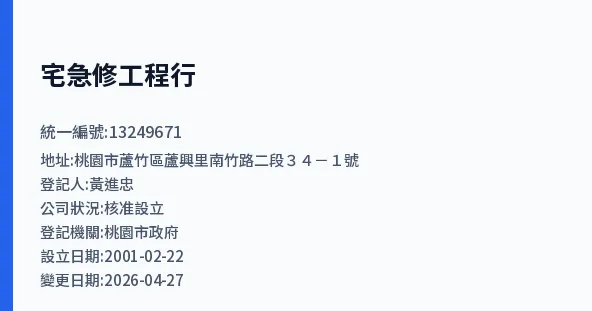 宅急修工程行的照片-統編 13249671(桃園市) 公司登記資料與營業項目詳細圖表