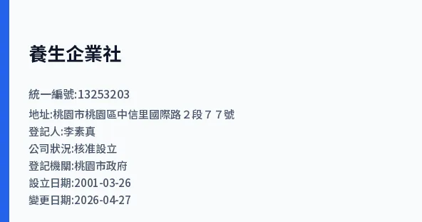 養生企業社的照片-統編 13253203(桃園市) 公司登記資料與營業項目詳細圖表