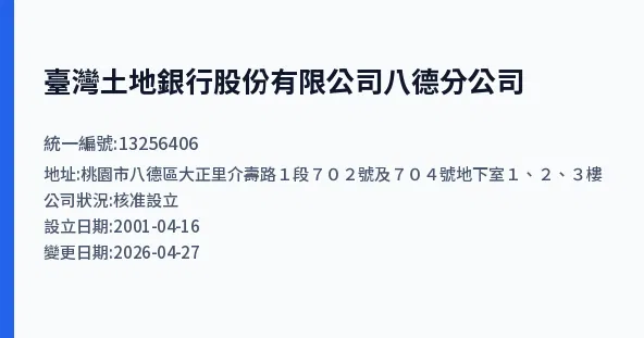 臺灣土地銀行股份有限公司八德分公司的照片-統編 13256406(桃園市) 公司登記資料與營業項目詳細圖表