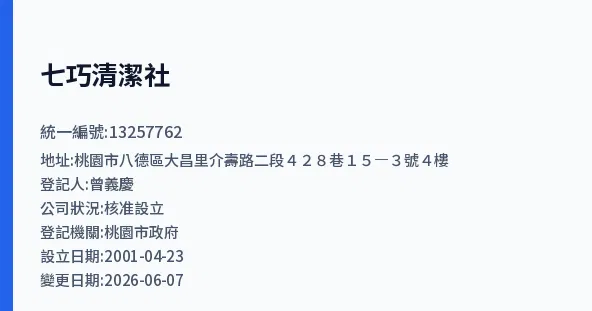 七巧清潔社的照片-統編 13257762(桃園市) 公司登記資料與營業項目詳細圖表