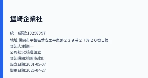 堡崎企業社的照片-統編 13258397(桃園市) 公司登記資料與營業項目詳細圖表