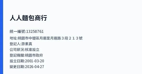 人人麵包商行的照片-統編 13258761(桃園市) 公司登記資料與營業項目詳細圖表