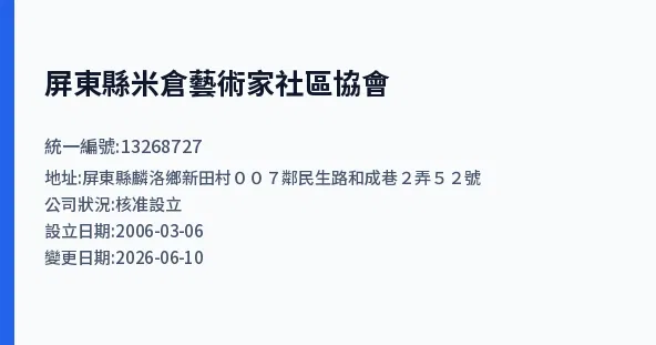 屏東縣米倉藝術家社區協會的照片-統編 13268727(屏東縣) 公司登記資料與營業項目詳細圖表