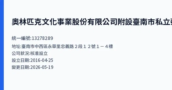 奧林匹克文化事業股份有限公司附設臺南市私立蔡坤龍文理短期補習班的照片-統編 13278289(臺南市) 公司登記資料與營業項目詳細圖表