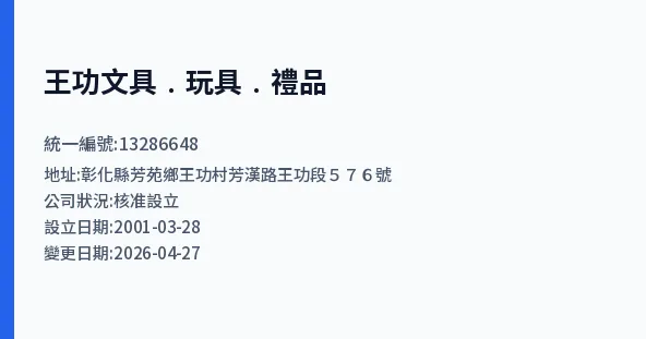 王功文具﹒玩具﹒禮品的照片-統編 13286648(彰化縣) 公司登記資料與營業項目詳細圖表