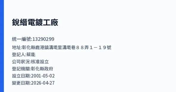 銳縉電鍍工廠的照片-統編 13290299(彰化縣) 公司登記資料與營業項目詳細圖表