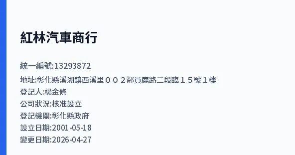 紅林汽車商行的照片-統編 13293872(彰化縣) 公司登記資料與營業項目詳細圖表