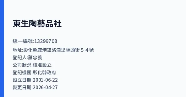東生陶藝品社的照片-統編 13299708(彰化縣) 公司登記資料與營業項目詳細圖表