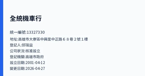 全統機車行的照片-統編 13327330(高雄市) 公司登記資料與營業項目詳細圖表