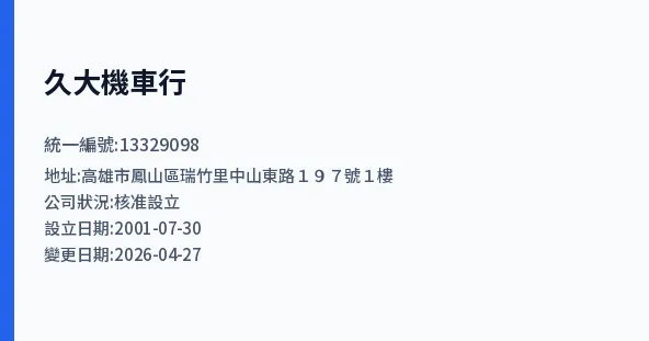 久大機車行的照片-統編 13329098(高雄市) 公司登記資料與營業項目詳細圖表