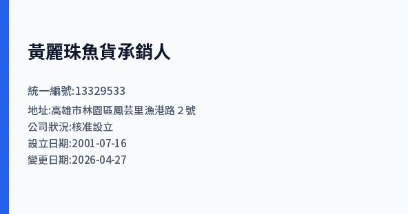 黃麗珠魚貨承銷人的照片-統編 13329533(高雄市) 公司登記資料與營業項目詳細圖表
