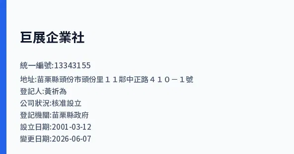 巨展企業社的照片-統編 13343155(苗栗縣) 公司登記資料與營業項目詳細圖表