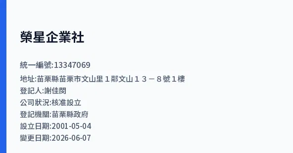 榮星企業社的照片-統編 13347069(苗栗縣) 公司登記資料與營業項目詳細圖表