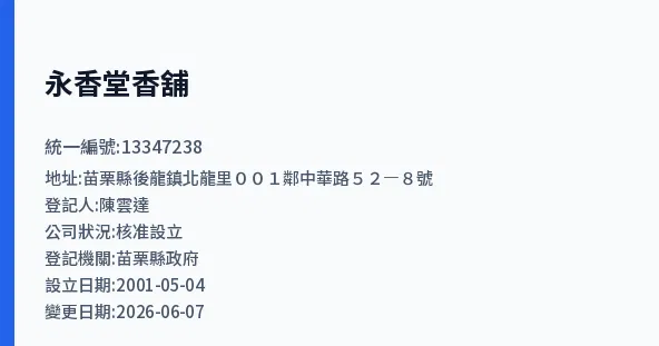 永香堂香舖的照片-統編 13347238(苗栗縣) 公司登記資料與營業項目詳細圖表