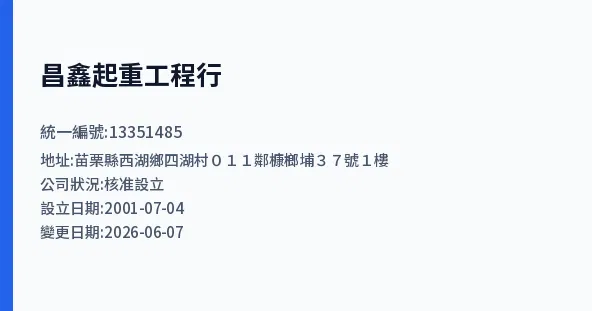 昌鑫起重工程行的照片-統編 13351485(苗栗縣) 公司登記資料與營業項目詳細圖表