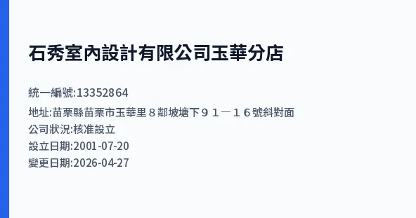 石秀室內設計有限公司玉華分店的照片-統編 13352864(苗栗縣) 公司登記資料與營業項目詳細圖表