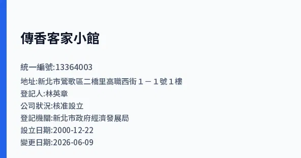 傳香客家小館的照片-統編 13364003(新北市) 公司登記資料與營業項目詳細圖表