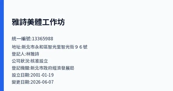 雅詩美體工作坊的照片-統編 13365988(新北市) 公司登記資料與營業項目詳細圖表