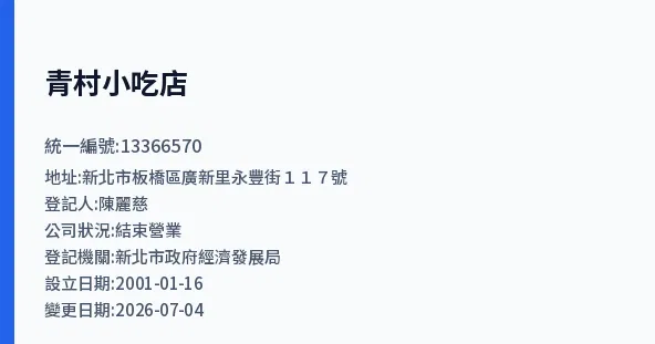 青村小吃店的照片-統編 13366570(新北市) 公司登記資料與營業項目詳細圖表