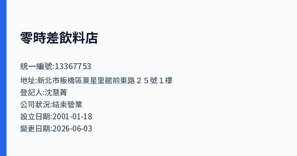零時差飲料店的照片-統編 13367753(新北市) 公司登記資料與營業項目詳細圖表