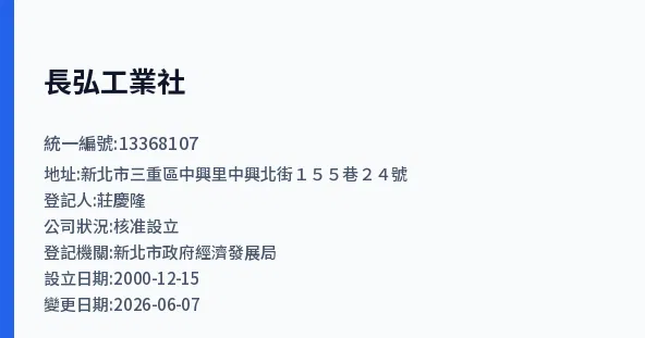 長弘工業社的照片-統編 13368107(新北市) 公司登記資料與營業項目詳細圖表
