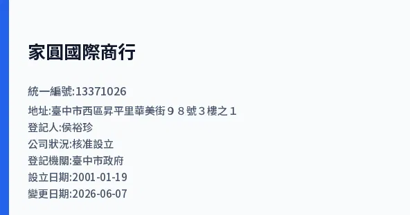 家圓國際商行的照片-統編 13371026(臺中市) 公司登記資料與營業項目詳細圖表