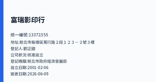 富瑞影印行的照片-統編 13372355(新北市) 公司登記資料與營業項目詳細圖表