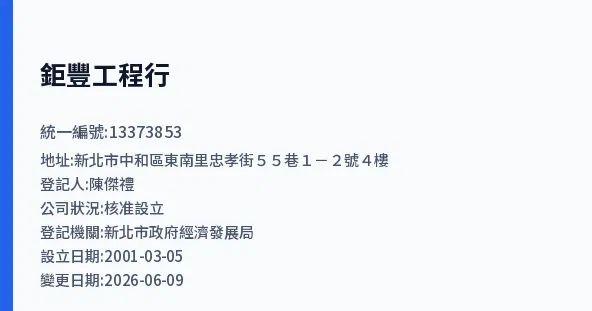 鉅豐工程行的照片-統編 13373853(新北市) 公司登記資料與營業項目詳細圖表
