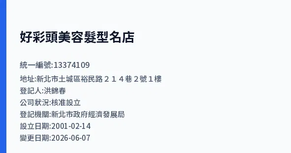 好彩頭美容髮型名店的照片-統編 13374109(新北市) 公司登記資料與營業項目詳細圖表