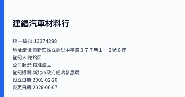 建錩汽車材料行的照片-統編 13374298(新北市) 公司登記資料與營業項目詳細圖表