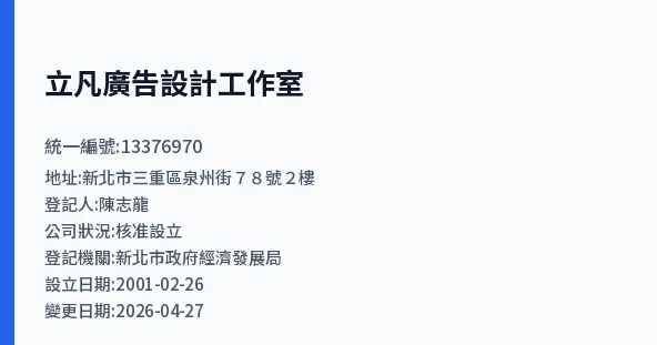立凡廣告設計工作室的照片-統編 13376970(新北市) 公司登記資料與營業項目詳細圖表