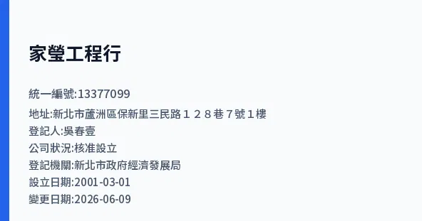 家瑩工程行的照片-統編 13377099(新北市) 公司登記資料與營業項目詳細圖表