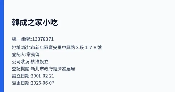 韓成之家小吃的照片-統編 13378371(新北市) 公司登記資料與營業項目詳細圖表