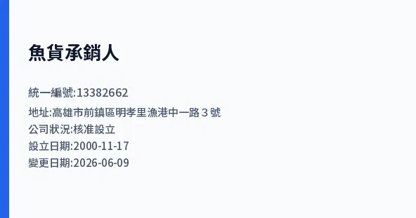 魚貨承銷人的照片-統編 13382662(高雄市) 公司登記資料與營業項目詳細圖表