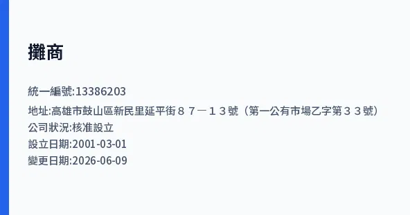攤商的照片-統編 13386203(高雄市) 公司登記資料與營業項目詳細圖表