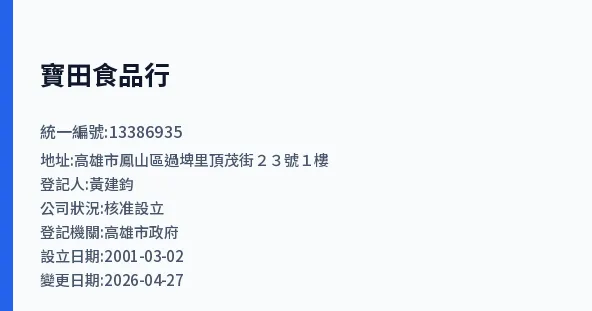 寶田食品行的照片-統編 13386935(高雄市) 公司登記資料與營業項目詳細圖表