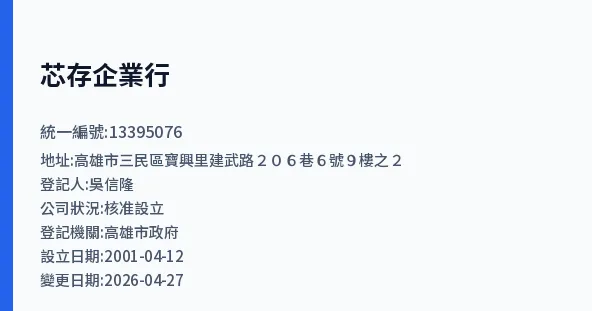 芯存企業行的照片-統編 13395076(高雄市) 公司登記資料與營業項目詳細圖表