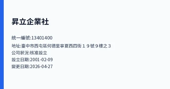 昇立企業社的照片-統編 13401400(臺中市) 公司登記資料與營業項目詳細圖表