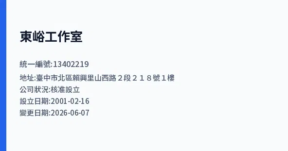 東峪工作室的照片-統編 13402219(臺中市) 公司登記資料與營業項目詳細圖表
