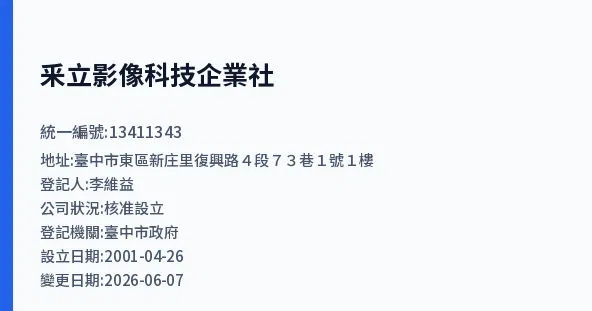 釆立影像科技企業社的照片-統編 13411343(臺中市) 公司登記資料與營業項目詳細圖表