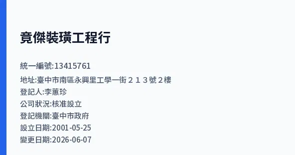 竟傑裝璜工程行的照片-統編 13415761(臺中市) 公司登記資料與營業項目詳細圖表