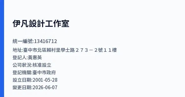 伊凡設計工作室的照片-統編 13416712(臺中市) 公司登記資料與營業項目詳細圖表