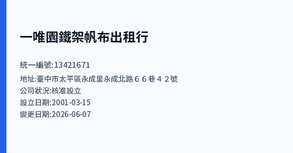 一唯園鐵架帆布出租行的照片-統編 13421671(臺中市) 公司登記資料與營業項目詳細圖表