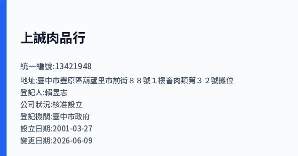 上誠肉品行的照片-統編 13421948(臺中市) 公司登記資料與營業項目詳細圖表