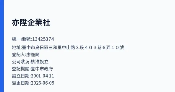 亦陞企業社的照片-統編 13425374(臺中市) 公司登記資料與營業項目詳細圖表