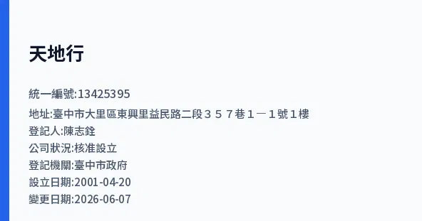 天地行的照片-統編 13425395(臺中市) 公司登記資料與營業項目詳細圖表