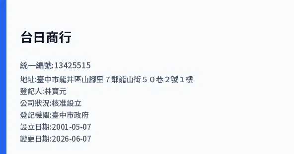 台日商行的照片-統編 13425515(臺中市) 公司登記資料與營業項目詳細圖表