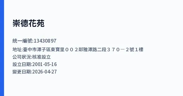 崇德花苑的照片-統編 13430897(臺中市) 公司登記資料與營業項目詳細圖表