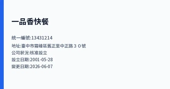 一品香快餐的照片-統編 13431214(臺中市) 公司登記資料與營業項目詳細圖表