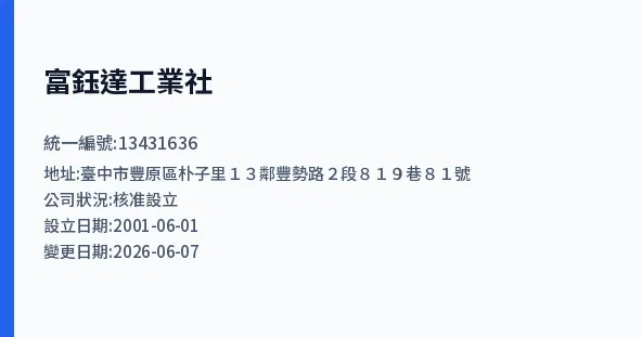 富鈺達工業社的照片-統編 13431636(臺中市) 公司登記資料與營業項目詳細圖表